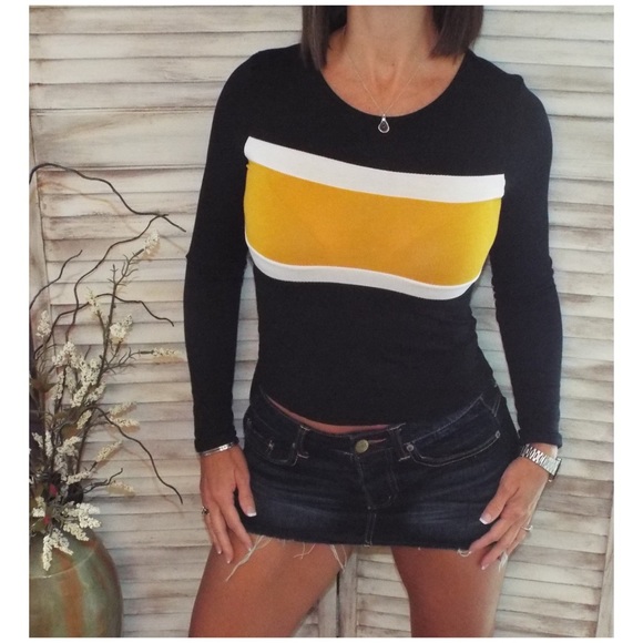 Tops | Crew Neck Color Block Sporty Black Gold 2119 | Poshmark